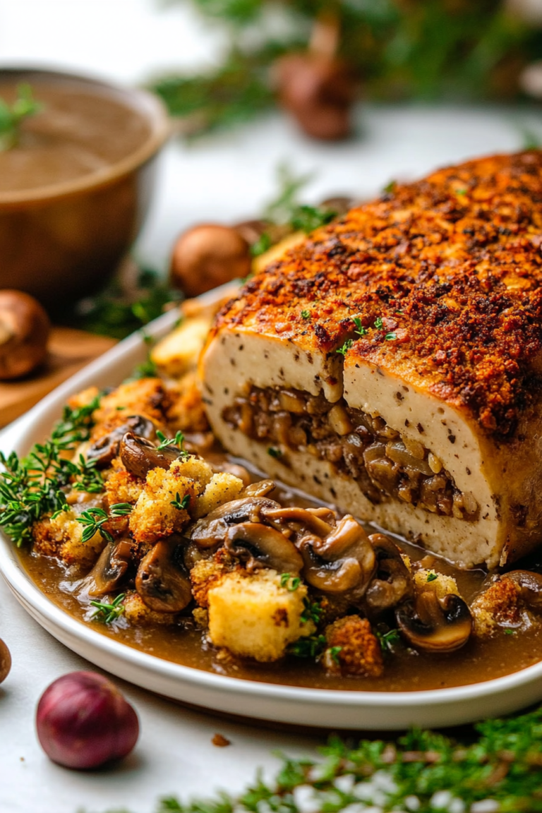 Tofurky with mushroom stuffing and gravy - Hibord