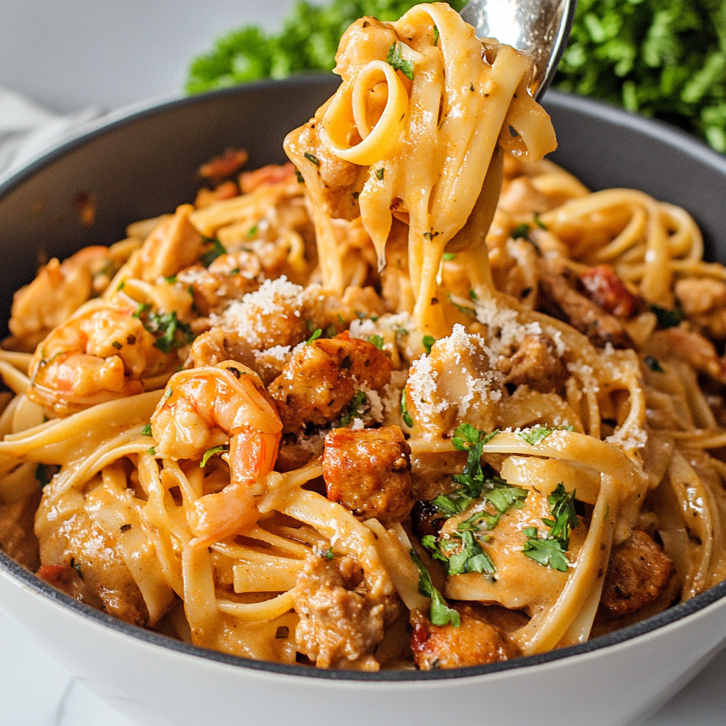Amazing Cajun Pasta with Sausage, Shrimp & Chicken Delight